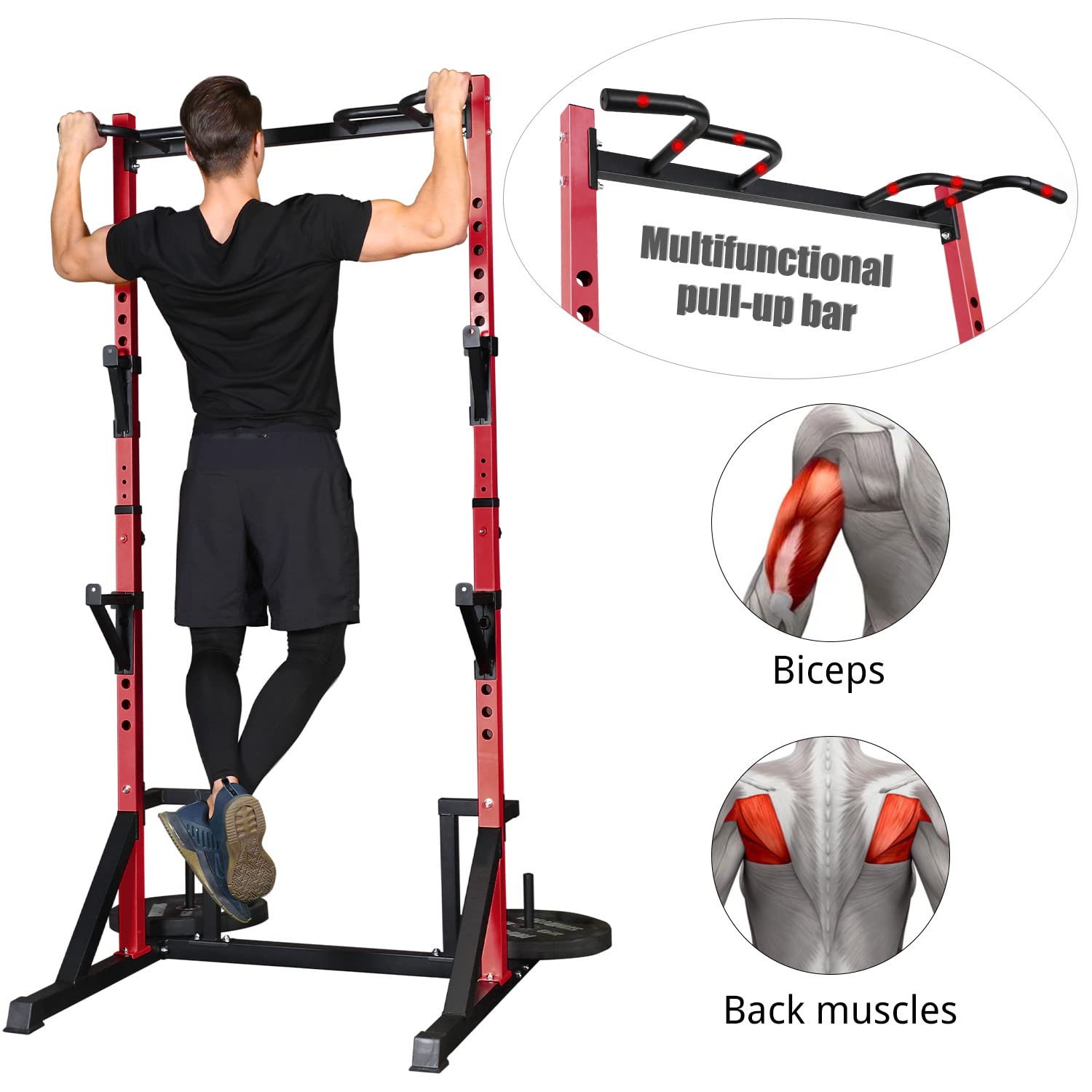 CANPA Multifunction Power Rack with Pull up Bar, Heavy Capacity and Adjustable Squat Stand Rack for Home Gym Equipment, Power Rack Cage (Red)
