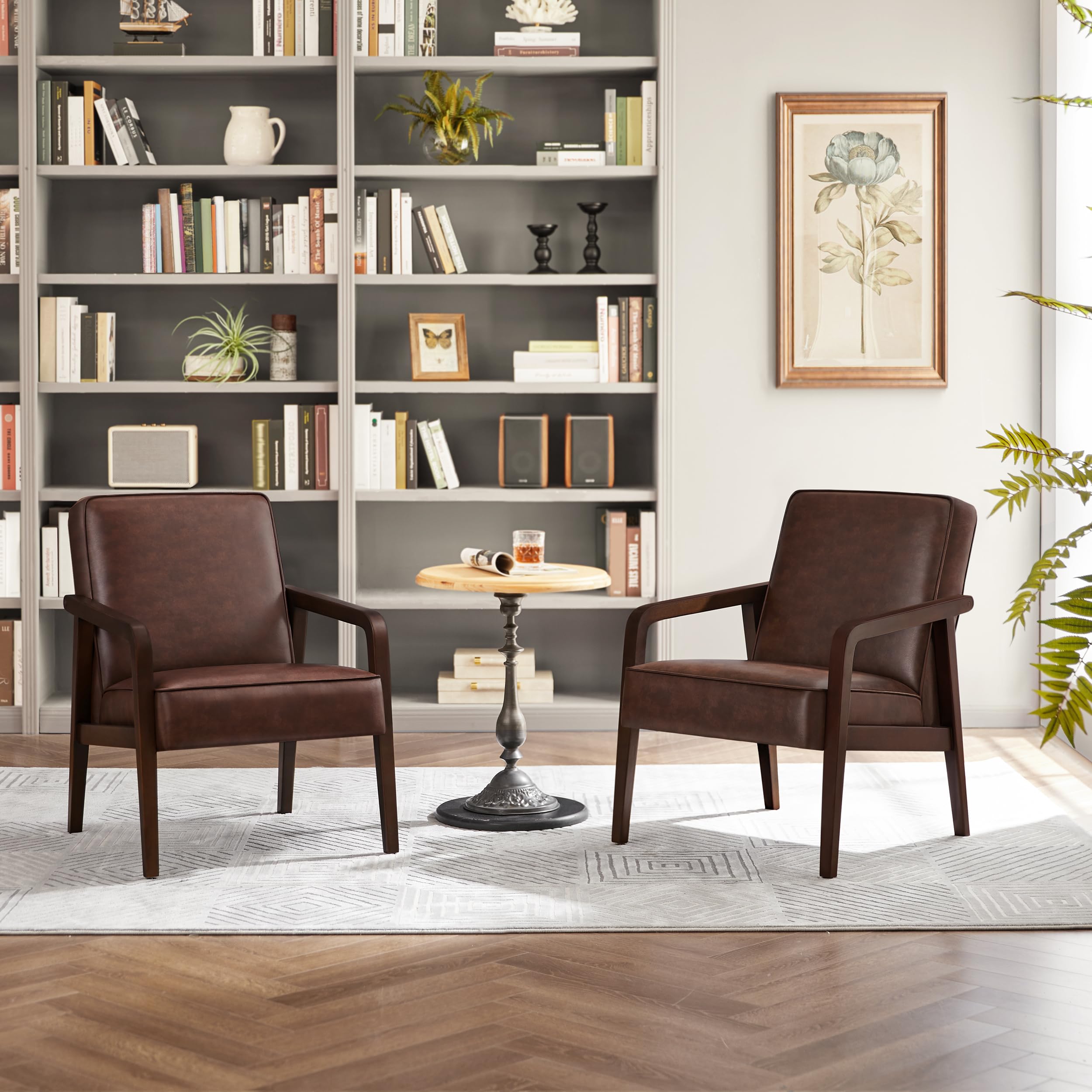 Yaheetech Accent Chair, PU Leather Reading Chair, Mid Century Modern Arm Chair with Solid Wood Frame for Living Room Bedroom Waiting Room, 2 Pieces, Dark Brown