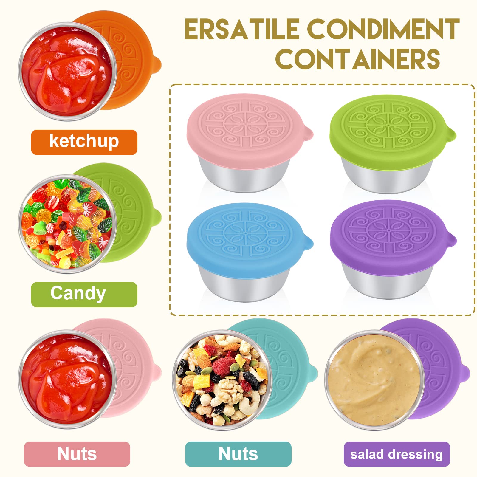 6 Pieces Metal Salad Dressing Containers To Go, Fits in Bento Box for Lunch, 1.7oz Small Condiment Containers with Lids, Premium Silicone, Leakproof Lids for Condiments Snacks Dipping Sauce