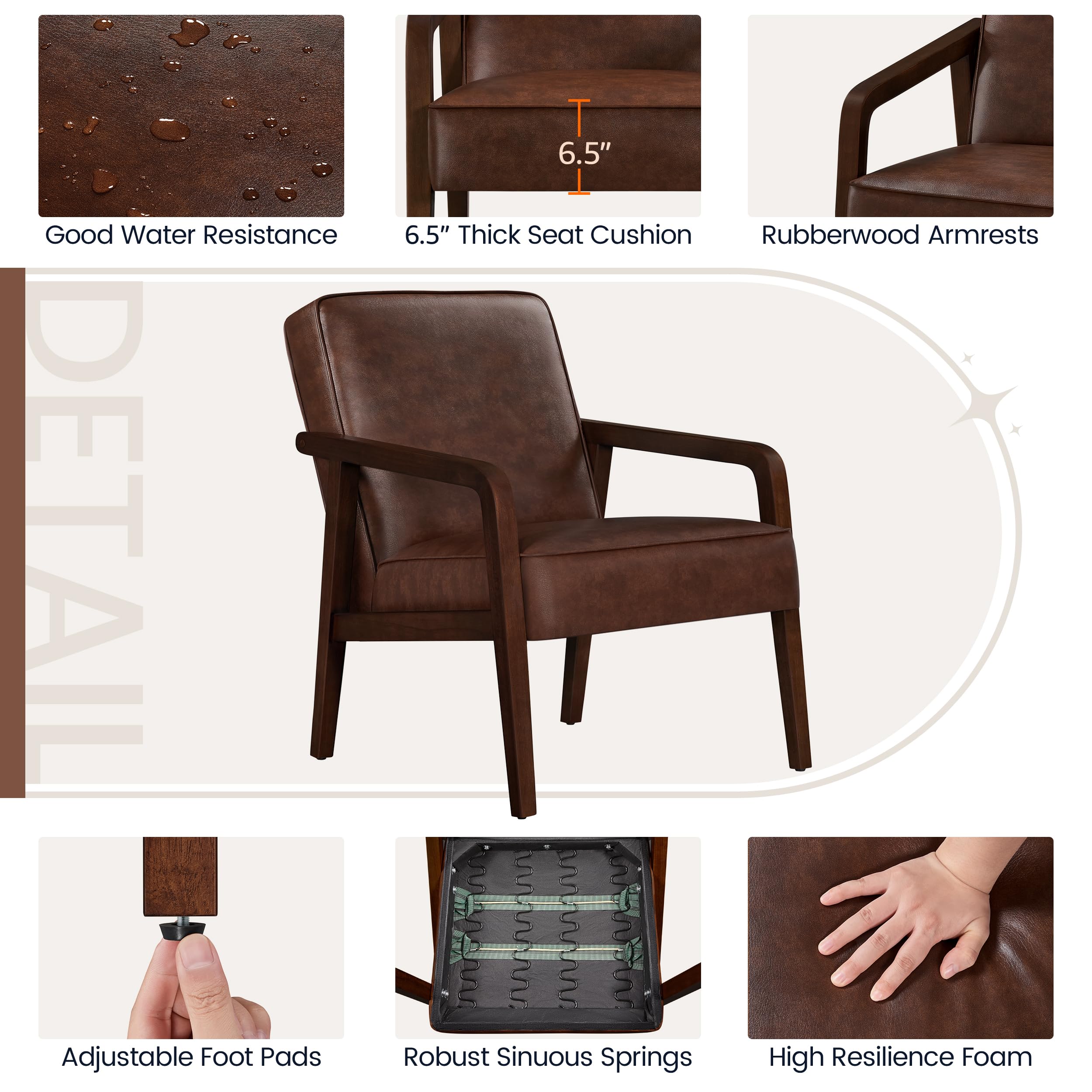 Yaheetech Accent Chair, PU Leather Reading Chair, Mid Century Modern Arm Chair with Solid Wood Frame for Living Room Bedroom Waiting Room, 2 Pieces, Dark Brown
