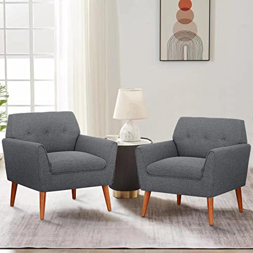 Ouchtek Living Room Accent Chairs Set of 2 Comfortable Linen Fabric Room Chairs Upholstered Reading Chair Mid-Century Modern Armchair for Bedroom Apartment Room Corner Anteroom, Gray