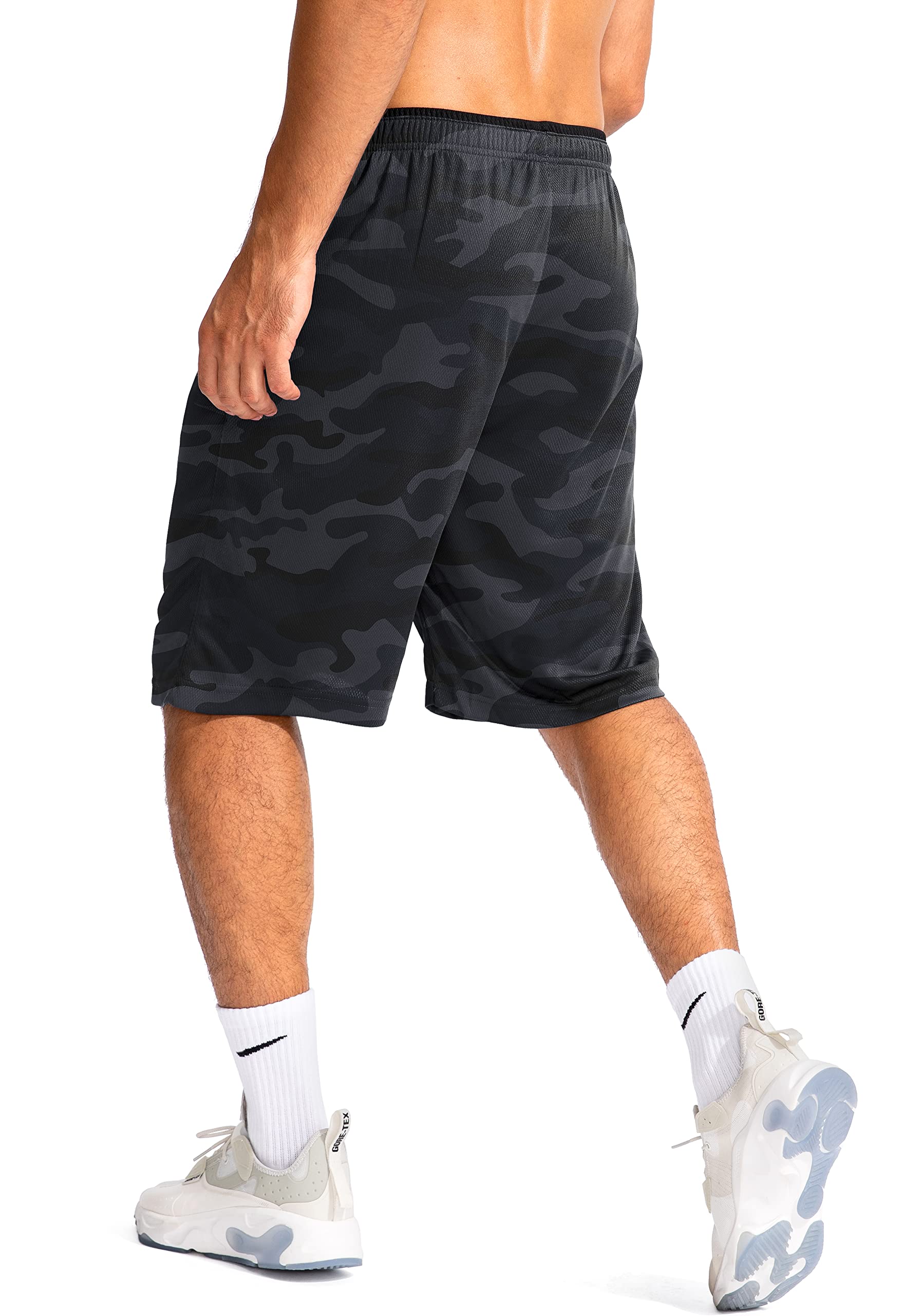 Men's Basketball Shorts with Zipper Pockets Lightweight Quick Dry 11" Long Shorts for Men Athletic Gym(Gray Camo,L)