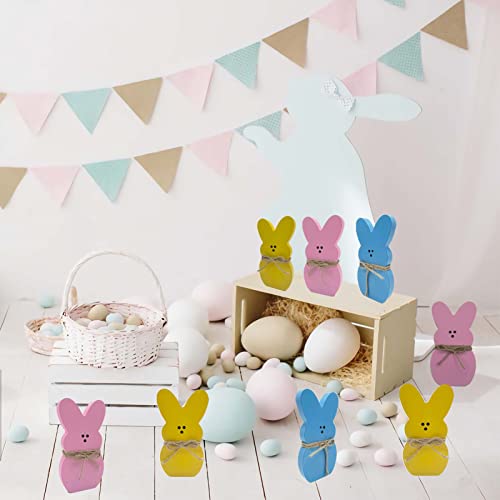 LEIYUDAZI 3pcs Easter Wooden Sign Easter Bunny Table with Ropes Easter Decorations Spring Decorations for Home Spring Decorations for Parties Restaurants Office Home Farmhouse Gifts(Pink Blue Yellow)