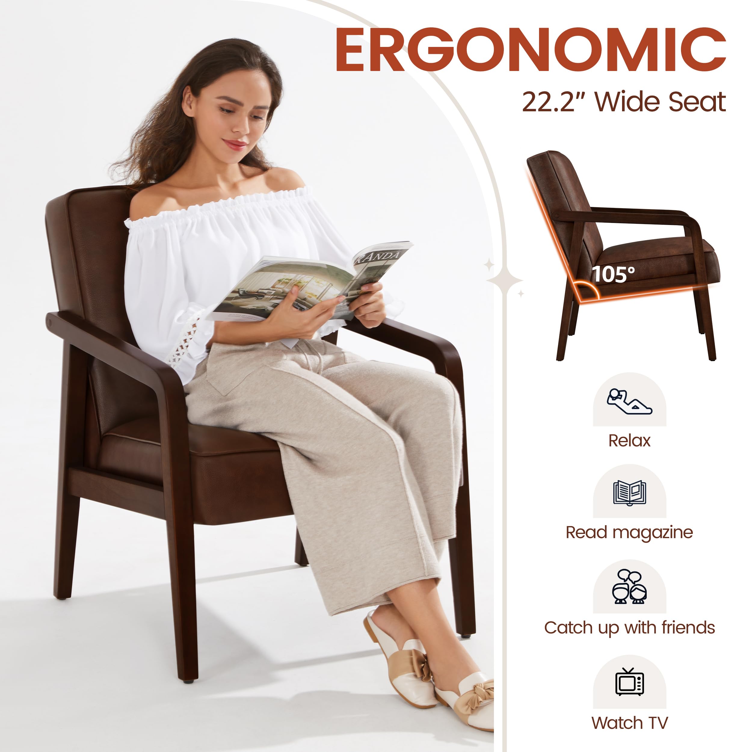 Yaheetech Accent Chair, PU Leather Reading Chair, Mid Century Modern Arm Chair with Solid Wood Frame for Living Room Bedroom Waiting Room, 2 Pieces, Dark Brown
