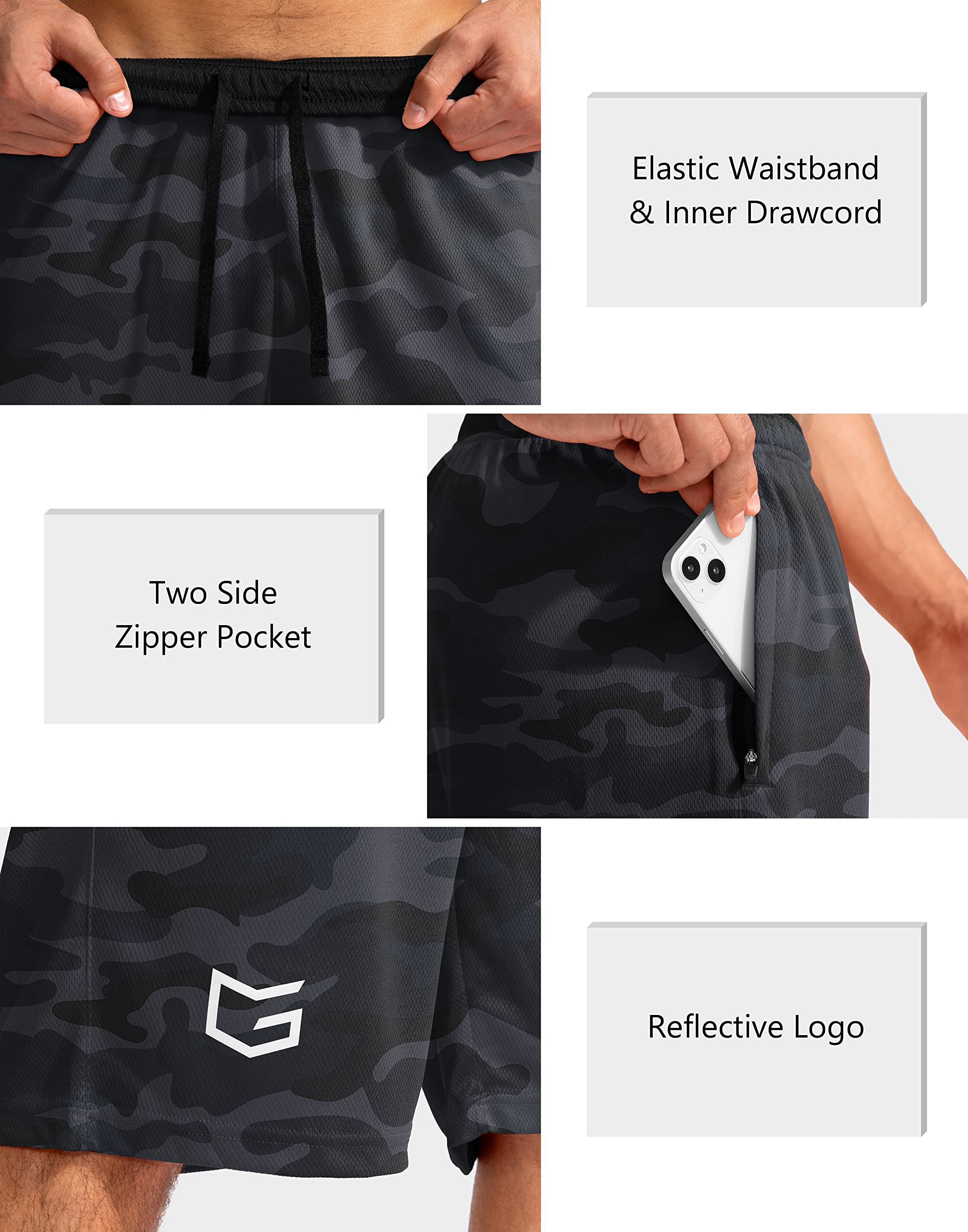 Men's Basketball Shorts with Zipper Pockets Lightweight Quick Dry 11" Long Shorts for Men Athletic Gym(Gray Camo,L)