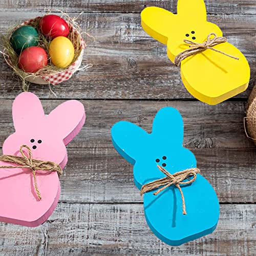 LEIYUDAZI 3pcs Easter Wooden Sign Easter Bunny Table with Ropes Easter Decorations Spring Decorations for Home Spring Decorations for Parties Restaurants Office Home Farmhouse Gifts(Pink Blue Yellow)