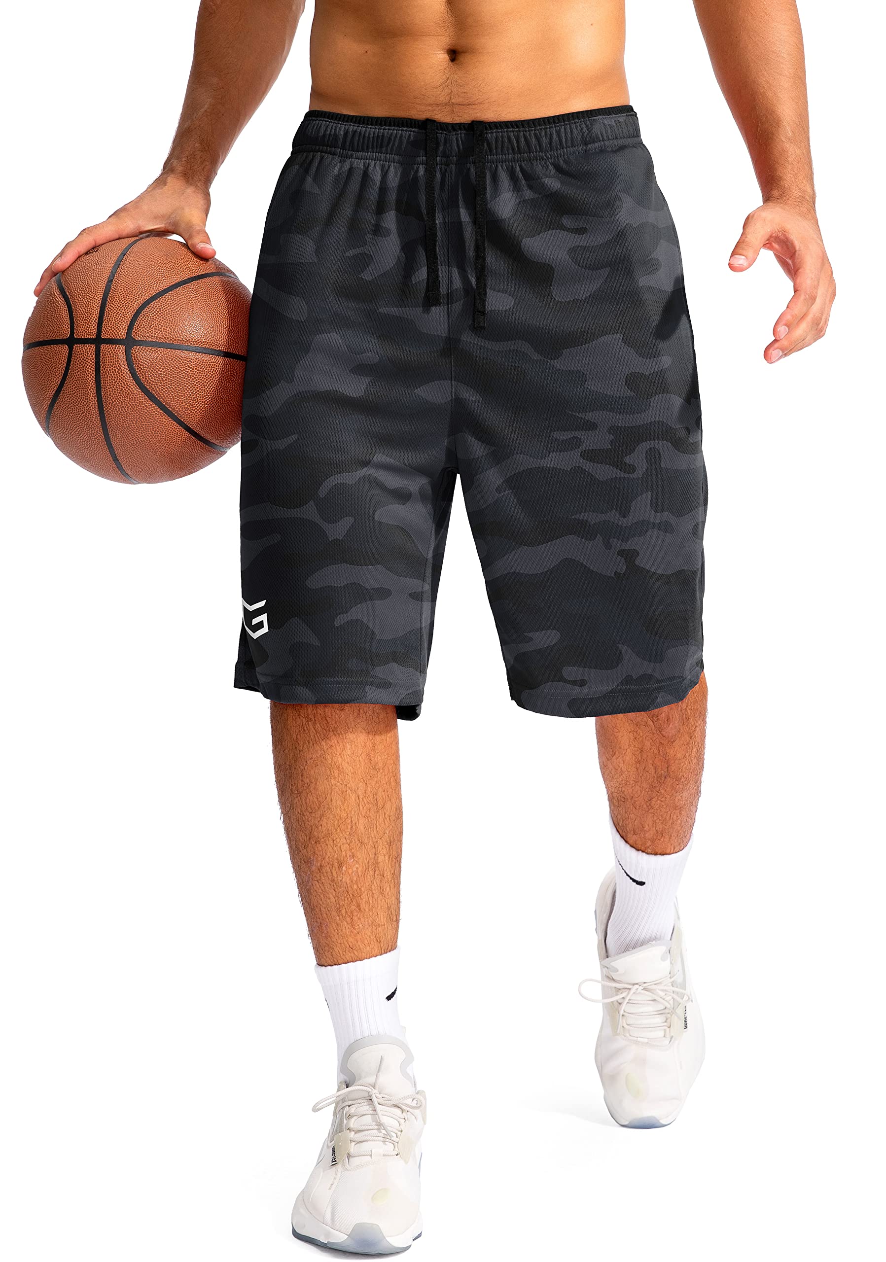 Men's Basketball Shorts with Zipper Pockets Lightweight Quick Dry 11" Long Shorts for Men Athletic Gym(Gray Camo,L)