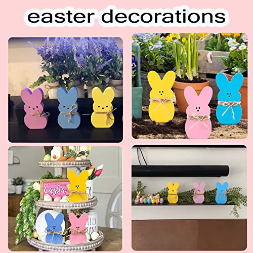 LEIYUDAZI 3pcs Easter Wooden Sign Easter Bunny Table with Ropes Easter Decorations Spring Decorations for Home Spring Decorations for Parties Restaurants Office Home Farmhouse Gifts(Pink Blue Yellow)