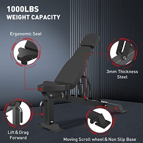Mikolo 2.36'' x 2.36'' Folding Wall Mounted Squat Rack, 1000 Pounds Capacity Power Rack with Black Weight Bench,Pull Up Bar, J Hooks and Other Attachments, Space-Saving Home Gym,White