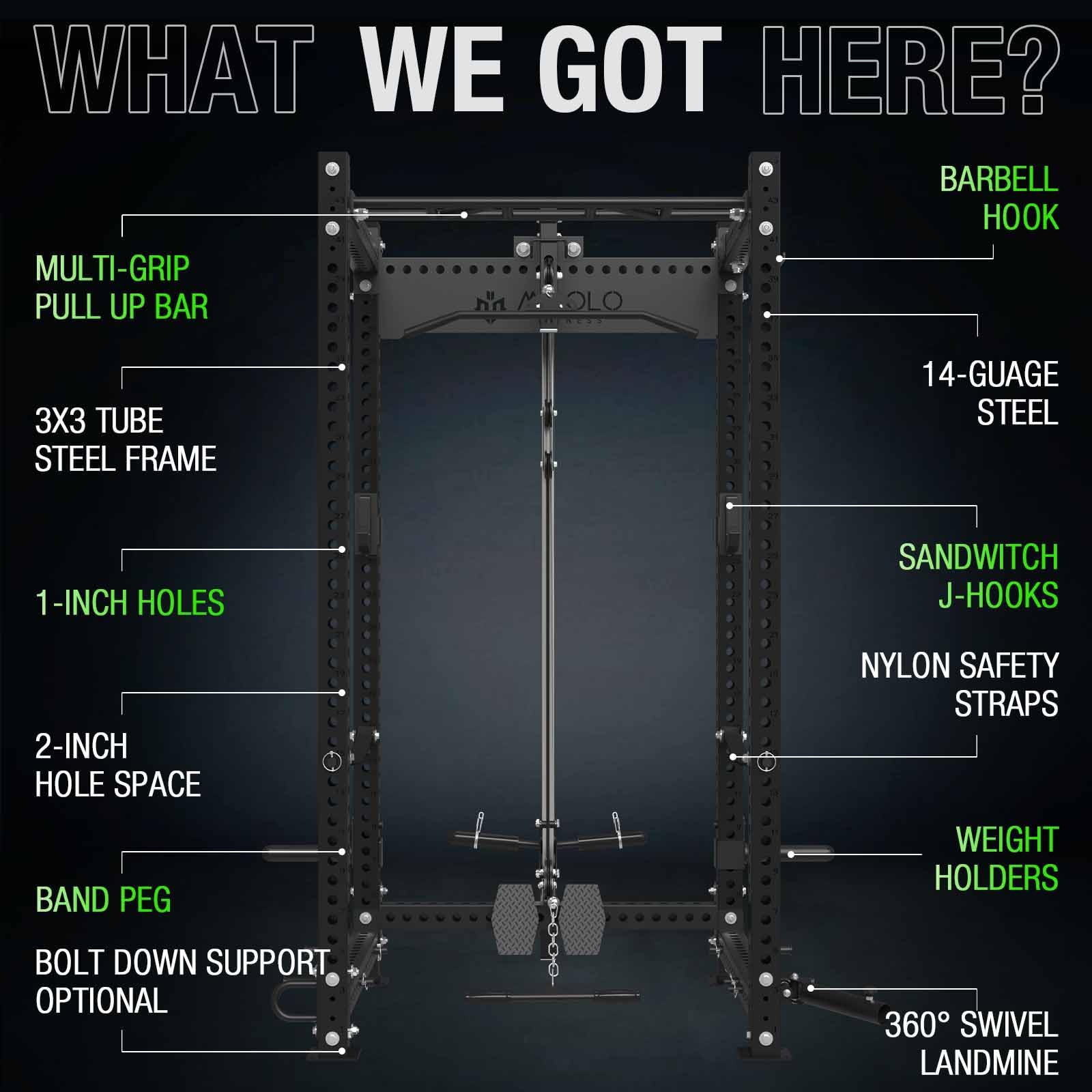 Mikolo 3" x 3" Power Cage, 2000lbs Power Rack, Multi-Functional Squat Rack with J-Hook, Band Peg, Commercial Squat Cage for Home Gym with Attachment Set, 3x3 Commercial Squat Rack (Black)