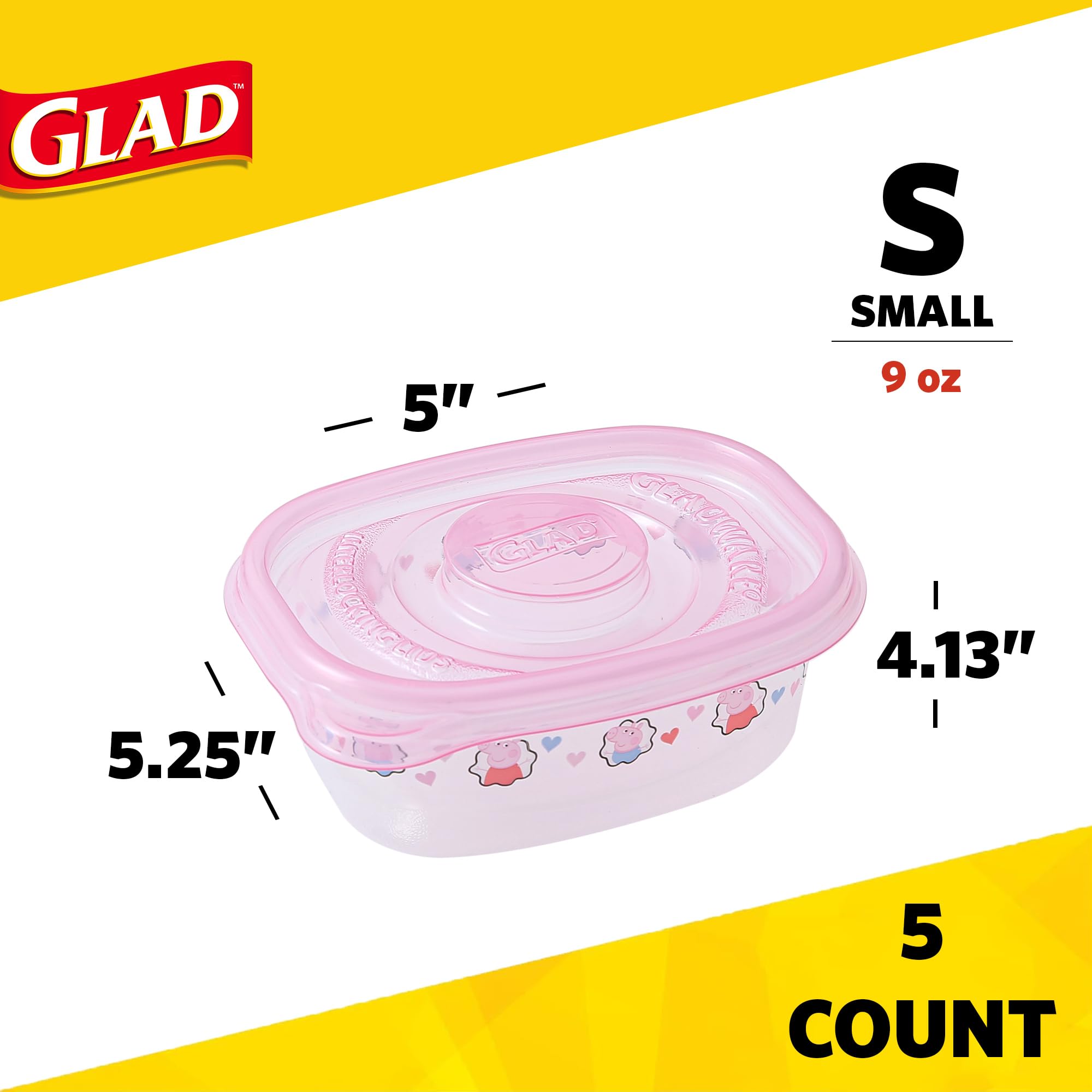 Glad for Kids Peppa Pig GladWare To Go Snack Storage Containers with Lids, 9oz 5ct | 9 oz Kids Snack Containers with Peppa Pig Design, 5 Count Set | Tight Seal Food Storage Containers for Food