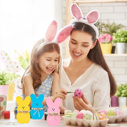 LEIYUDAZI 3pcs Easter Wooden Sign Easter Bunny Table with Ropes Easter Decorations Spring Decorations for Home Spring Decorations for Parties Restaurants Office Home Farmhouse Gifts(Pink Blue Yellow)