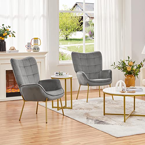 Yaheetech Accent Chairs Set of 2, Armchairs with Gold Metal Legs, Modern Living Room Chairs for Home Office/Bedroom, Light Gray, 2pcs