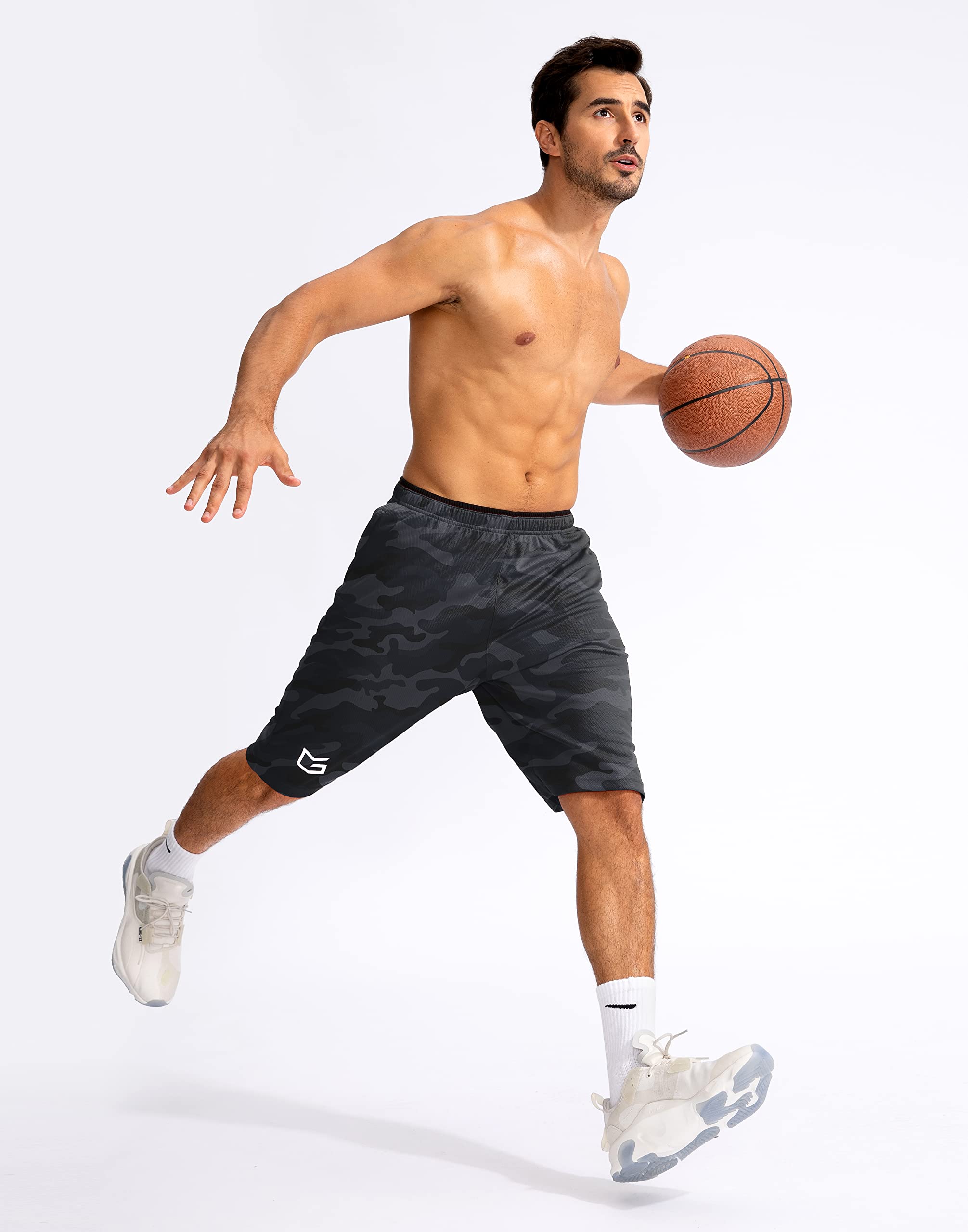 Men's Basketball Shorts with Zipper Pockets Lightweight Quick Dry 11" Long Shorts for Men Athletic Gym(Gray Camo,L)