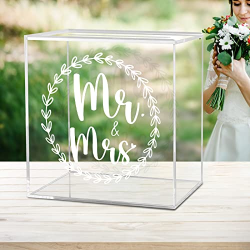 JXQCLR Wedding Card Boxes for Reception,Large 10x10x5.5 inch, Mr and Mrs Gifts, Clear Acrylic Wedding Card Box with Slot