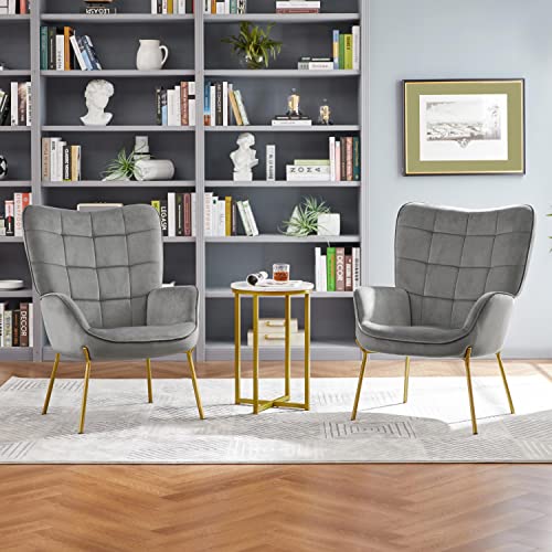 Yaheetech Accent Chairs Set of 2, Armchairs with Gold Metal Legs, Modern Living Room Chairs for Home Office/Bedroom, Light Gray, 2pcs