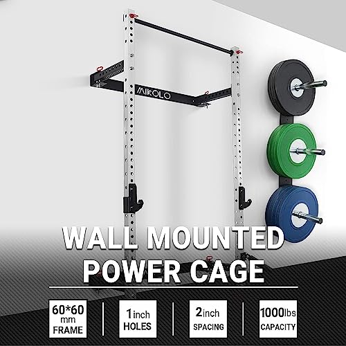 Mikolo 2.36'' x 2.36'' Folding Wall Mounted Squat Rack, 1000 Pounds Capacity Power Rack with Black Weight Bench,Pull Up Bar, J Hooks and Other Attachments, Space-Saving Home Gym,White