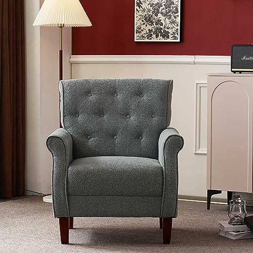 Sepnine Mid-Century Modern Accent Chair Comfy Upholstered Fabric Armchair with Wood Legs Reading Chair for Living Room Bedroom Clearance (Chenille-Gray)