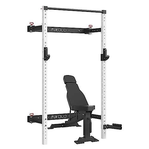 Mikolo 2.36'' x 2.36'' Folding Wall Mounted Squat Rack, 1000 Pounds Capacity Power Rack with Black Weight Bench，Pull Up Bar, J Hooks and Other Attachments, Space-Saving Home Gym，White