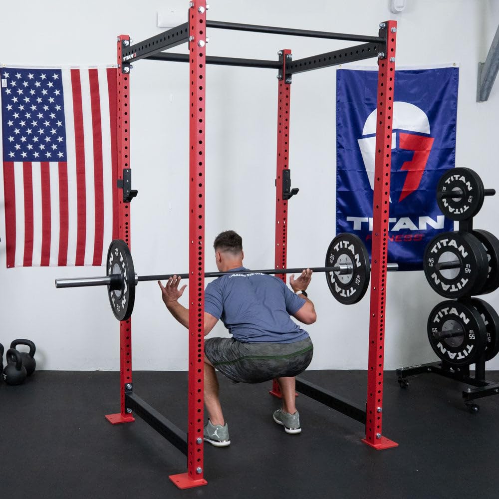 Titan Fitness T-3 Series Red Short Power Rack, 24in Depth, 1,100 LB Capacity Cage for Weightlifting and Strength Training
