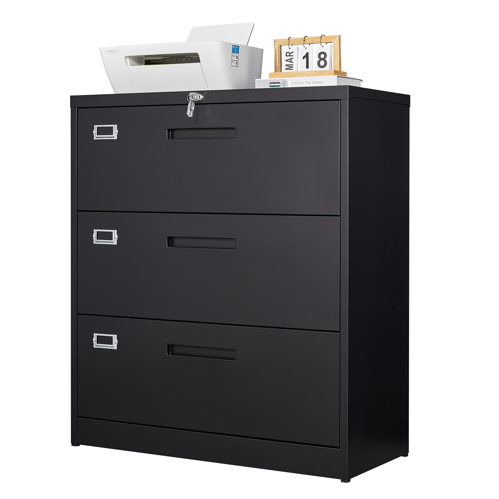 Letaya Metal Lateral File Cabinets with Lock, 3 Drawer Steel Wide Filing Organization Storage Cabinets,Home Office Furniture for Hanging Files Letter/Legal/F4/A4 Size (Blcak-3 Drawer)