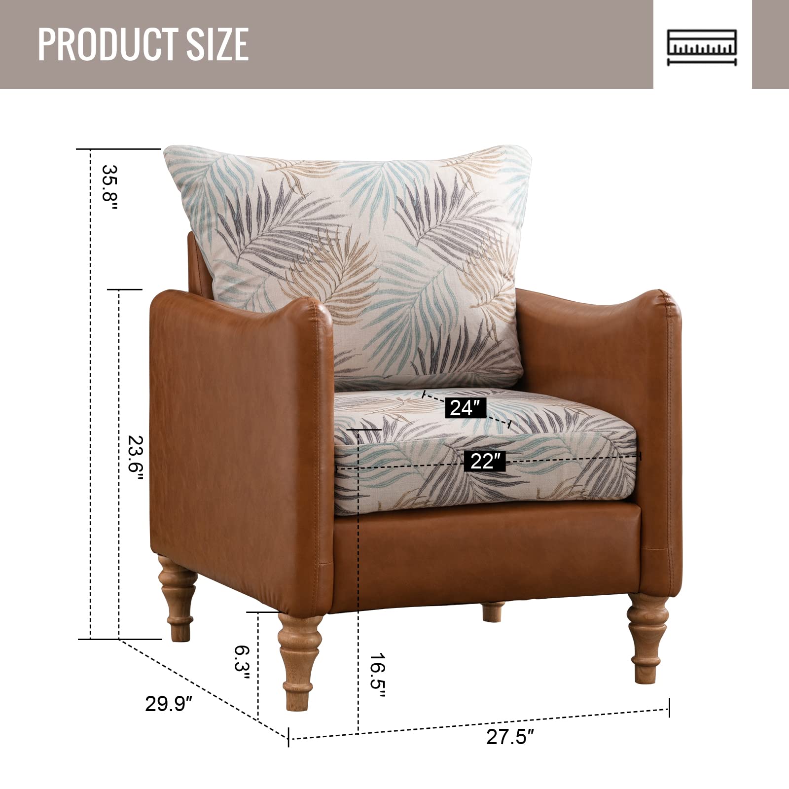 Icoget Accent Armrest Single Sofa Chair Fabric and Leather, Mid-Century Modern Chair w/Rubberwood Legs for Small Spaces, Comfy Living Room Upholstered Chair for Relaxing Reading - Brown