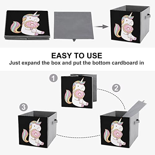 Unicorn Eating Delicious Donuts Foldable Storage Bins Printd Fabric Cube Baskets Boxes with Handles for Clothes Toys, 11x11x11