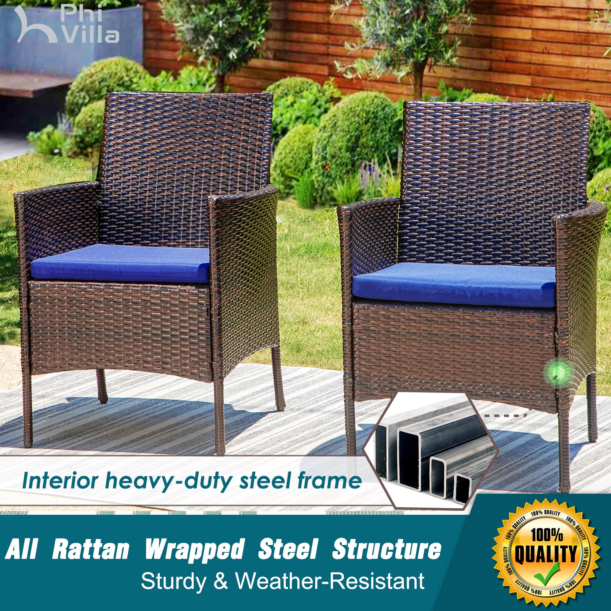 PHI VILLA Patio Wicker Chair Set of 2, Outdoor Modern PE Rattan Armchair with Removable Cushions for Deck, Porch, Balcony