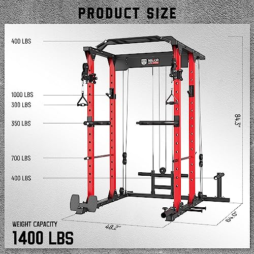 MAJOR LUTIE Power Cage with 230LBS Competition Bumper Plates and Olympic Barbell, PLM03 All-in-One Power Rack with Adjustable Cable Crossover System and Exercise Machine Attachment Red