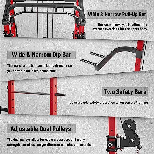 MAJOR LUTIE Power Cage with 230LBS Competition Bumper Plates and Olympic Barbell, PLM03 All-in-One Power Rack with Adjustable Cable Crossover System and Exercise Machine Attachment Red