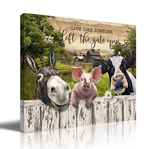 Farmhouse Wall Decor Farm Animals Wall Art Cow Pig Donkey And Barn Canvas Painting Farmhouse Wall Art Live Like Someone Left The Gate Open Retro Home Decorations Country Vintage Framed Artwork 12x16in