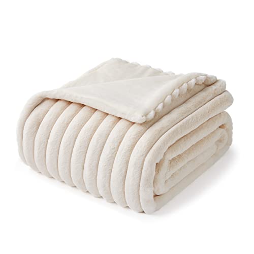 Amélie Home Luxury Jacquard Stripe Faux Fur Throw Blanket, Soft and Warm Thick Furry Throw Blankets in Fall Winter, Woven Fluffy Plush Blanket for Sofa Couch Bed Living Room, Ivory, 50"x 70"