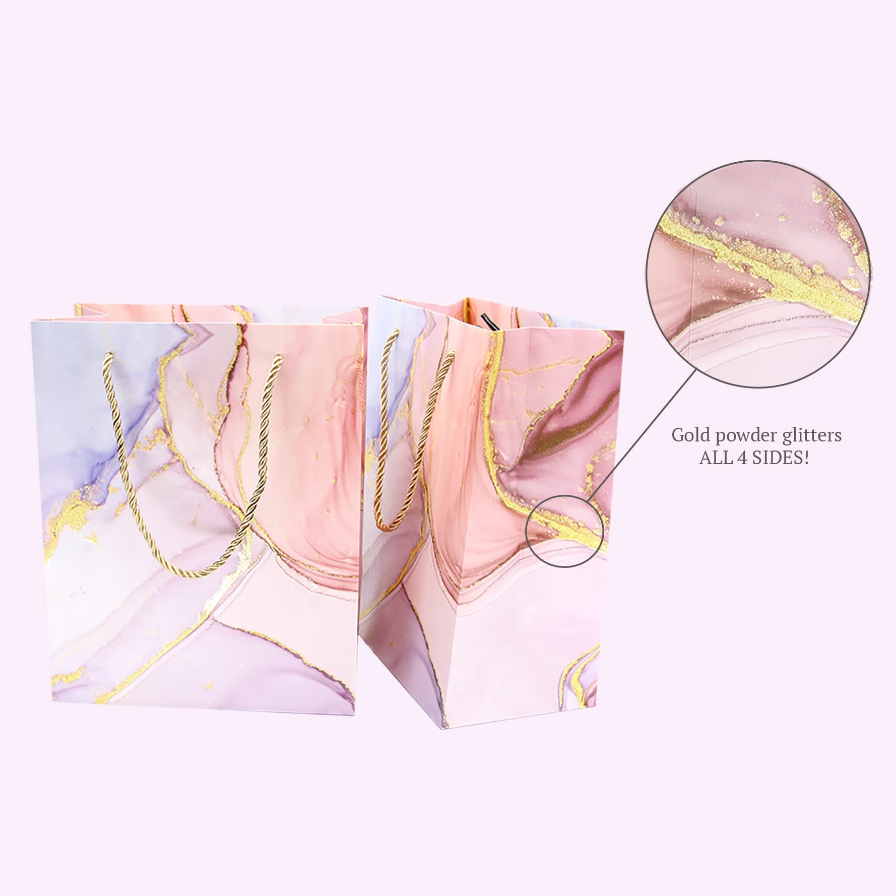 Luxurious Pink Marble & Glitter Gift Bags (4 Packs) - Medium Size 7.75" X 4.3" X 9.6" - Includes 4 Tissue Papers & 4 Cards - Perfect for Valentine's Day, Mother's Day, Bridal Shower, Parties, Weddings, Baby Shower, Anniversaries