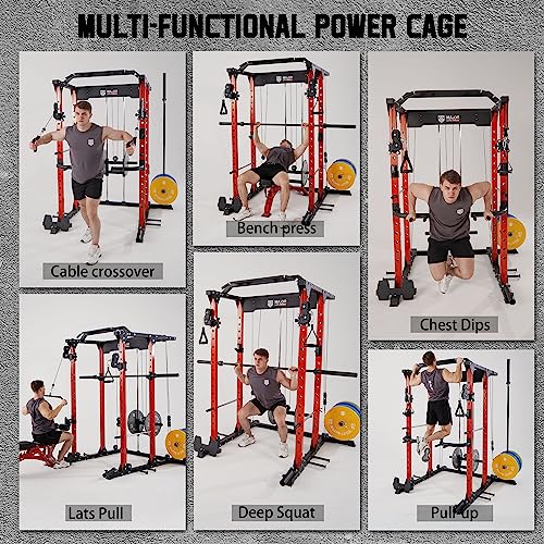 MAJOR LUTIE Power Cage with 230LBS Competition Bumper Plates and Olympic Barbell, PLM03 All-in-One Power Rack with Adjustable Cable Crossover System and Exercise Machine Attachment Red