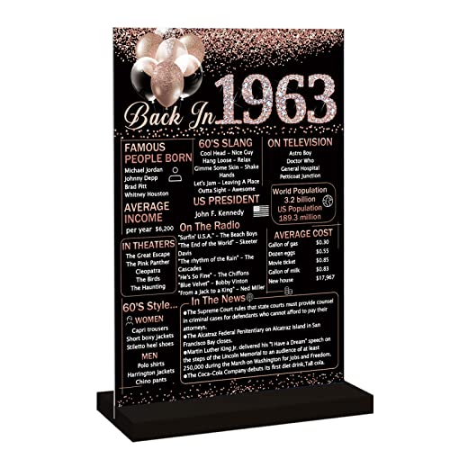 Vlipoeasn 60th Birthday Anniversary Table Decoration 1963 Poster for Women, Rose Gold Back in 1963 Acrylic Table Sign with Wooden Stand, 60 Year Old Birthday Party Centerpieces Gift Supplies
