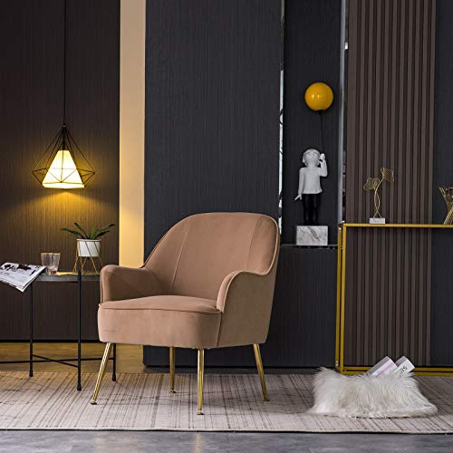 Olela Accent Chair with Arms Upholstered Velvet Side Chairs for Living Room Bedrooms Comfy Decortive Modern Mid-Back Leisure Chair with Adjustable Footpad (Brown)
