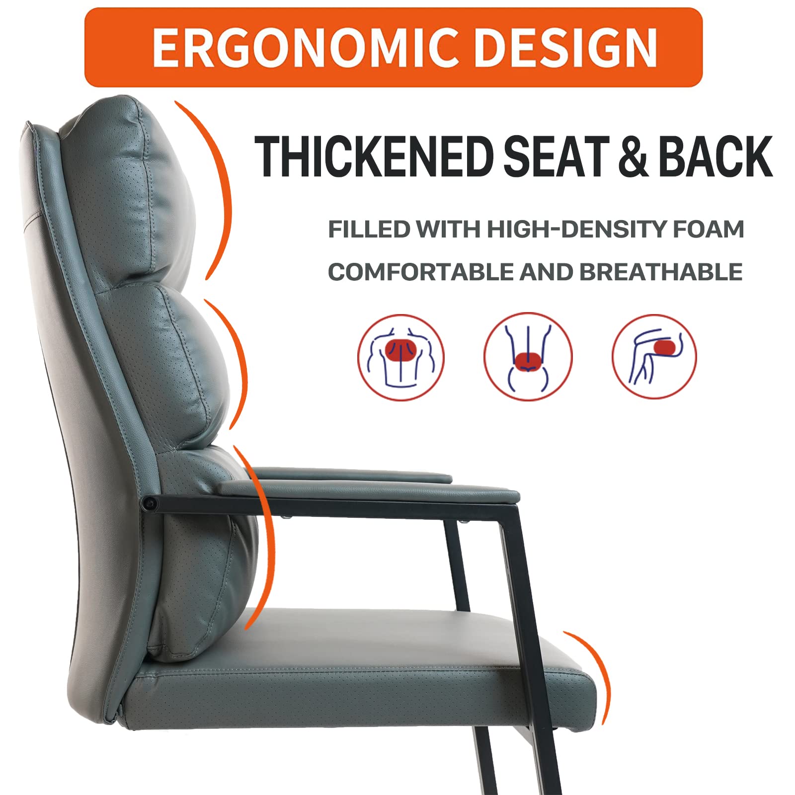 CLATINA Big Tall Office Guest Chair Upholstered Leather Comfortable Reception Chairs with Bonded Padded Arm Rest Sled Base for Conference Waiting Room Home Gray Set of 4