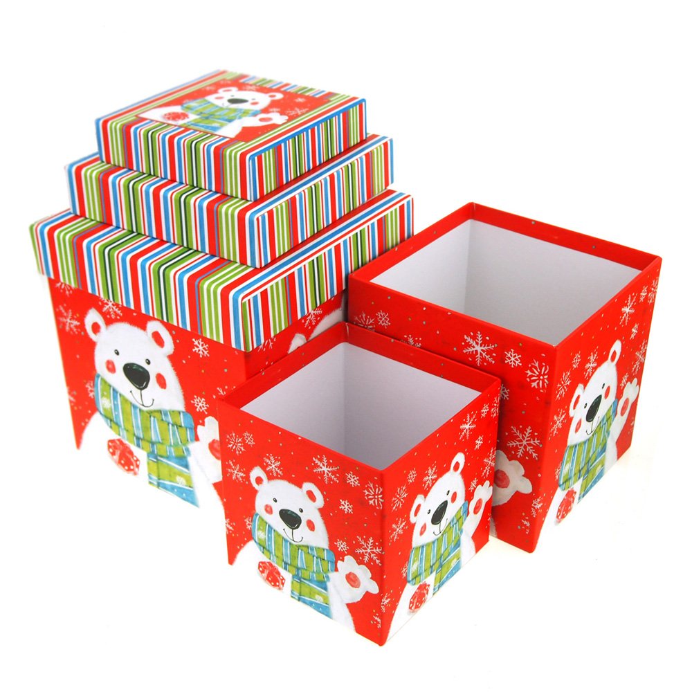 Homeford Holiday Polar Bear Square Nested Christmas Gift Boxes, 5, 6, 7-Inch, 3-Piece