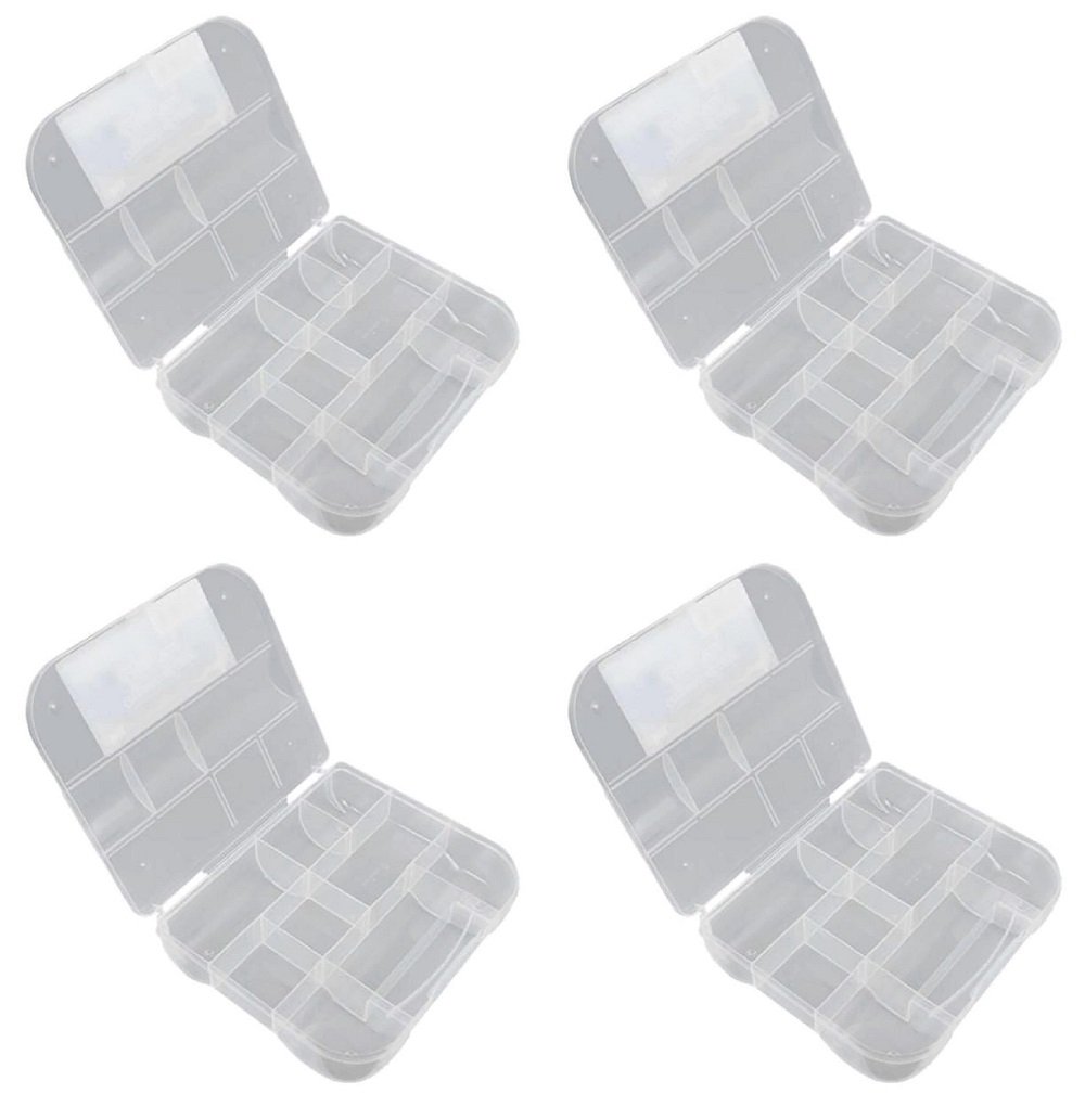 Small Clear Plastic 9-Compartment Organizer Cases, 7.5 x 6.5 x 2 inches, 4-ct Set