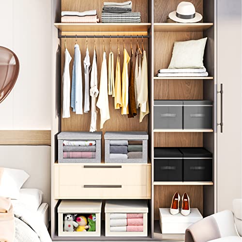 Homsorout Storage Bins with Lids, Trapezoid Storage Bins with Handle, Fabric Storage Baskets for Shelves with Label, Cube Storage Bins Boxes with Window, 6 Packs, Grey, Blended