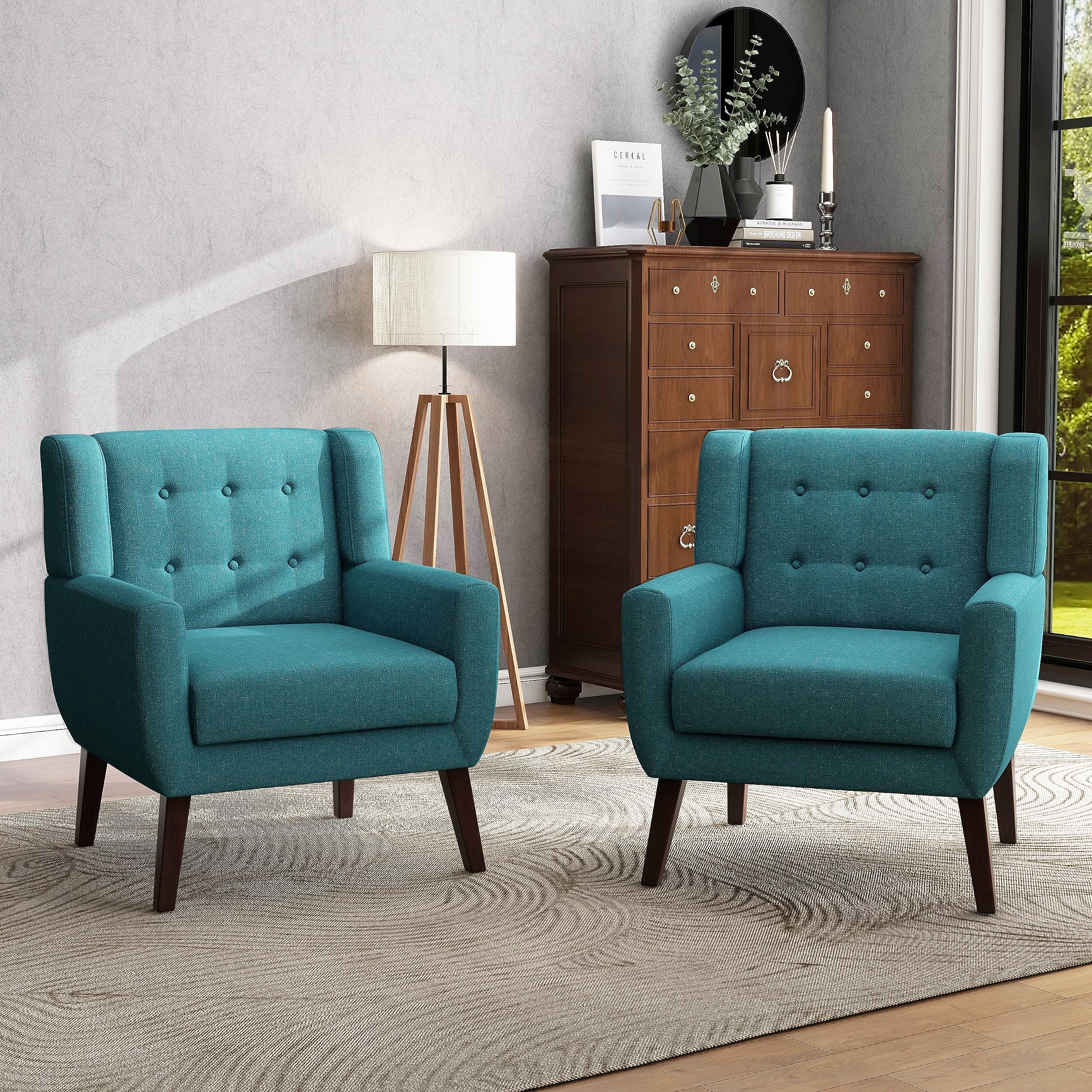 UIXE Accent Chairs Set of 2, Modern Living Room Arm Chair Button Tufted Armchair, Comfy Upholstered Club Lounge Sofa Seat Reading Chair Bedroom Side Seating for Home Office (Turquoise Blue)