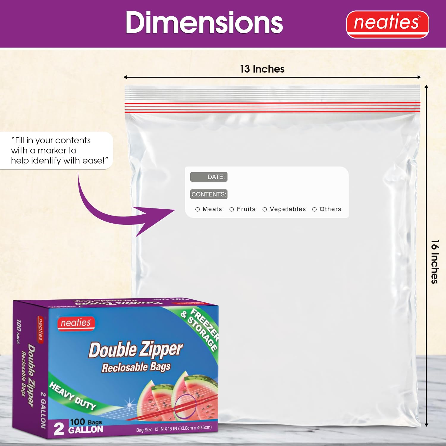 Neaties Heavy Duty 2 Gallon Double Zip Lock Bags for Kitchen or Storage, Food Storage Freezer Slider Bags 13"x16", 100pcs