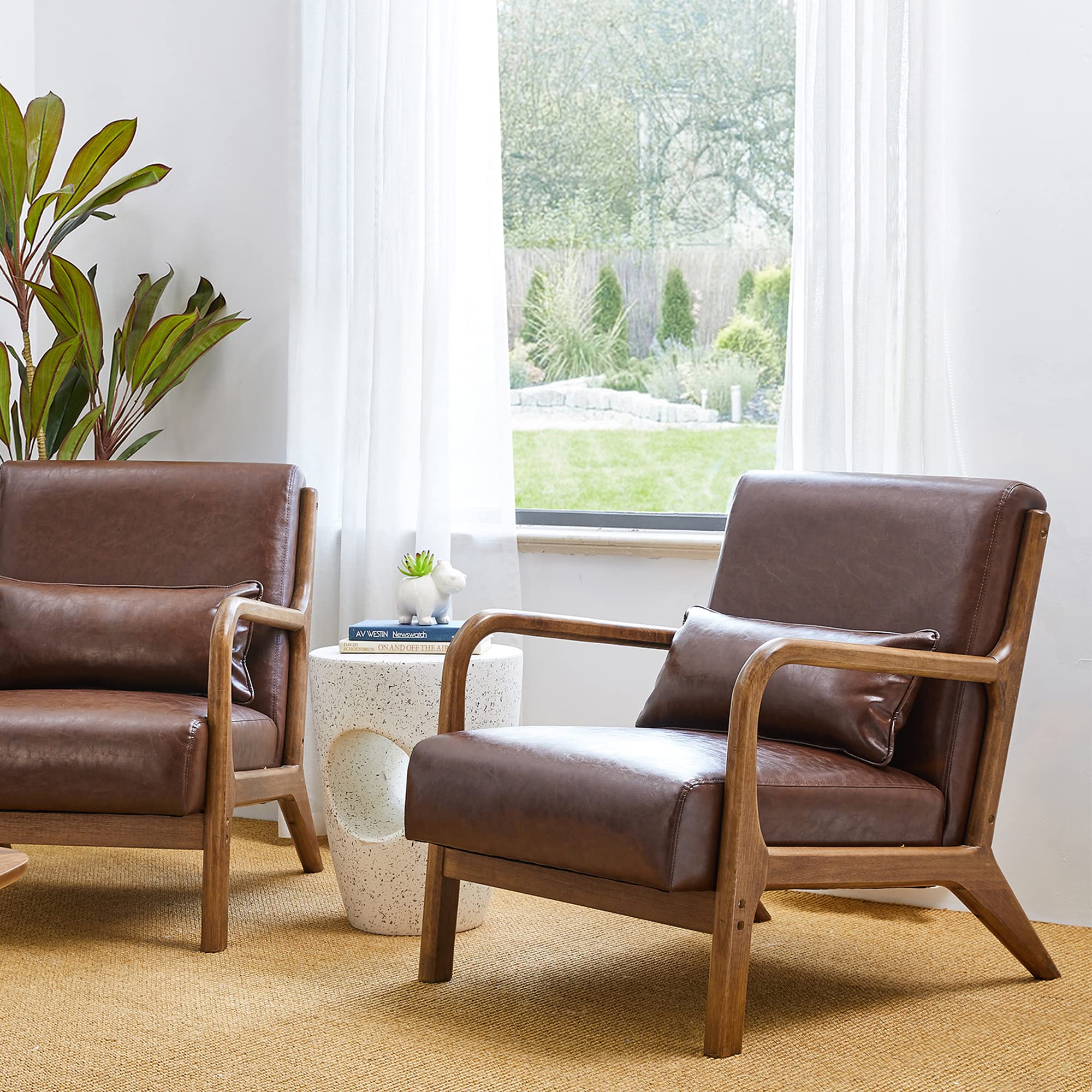 Glitzhome 2 Set Mid Century Coffee Accent Armchair, Single Reading Armchair PU Leather Lounge Chair with Walnut Ruberwood Frame