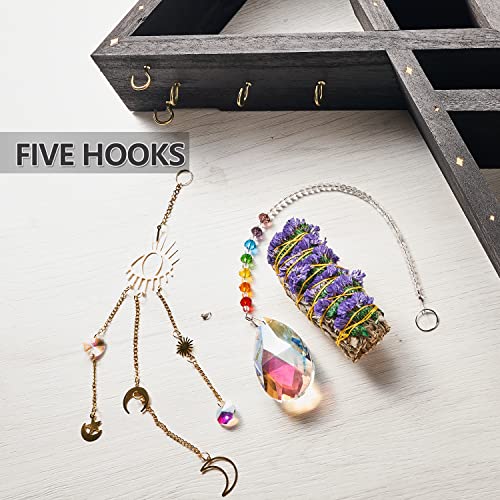 Sysnocon Triangle Crystal Shelf Display with Hooks, Moon Shelf for Witchy Room Decor Triangle Shelf for Crystal Stones Display, Crystal Holder Crystal Organizer Shelf for Living Room, Bed Room