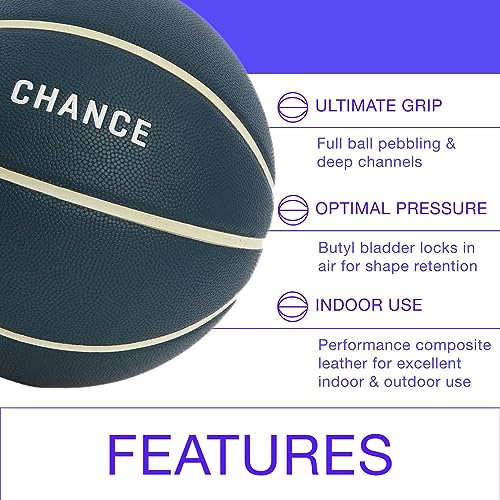 Chance Premium Indoor/Outdoor Basketball - Composite Leather (Sizes: 5 Youth, Size 6, Size 7) (Pebble - Teal, 7 Men's Official - 29.5")