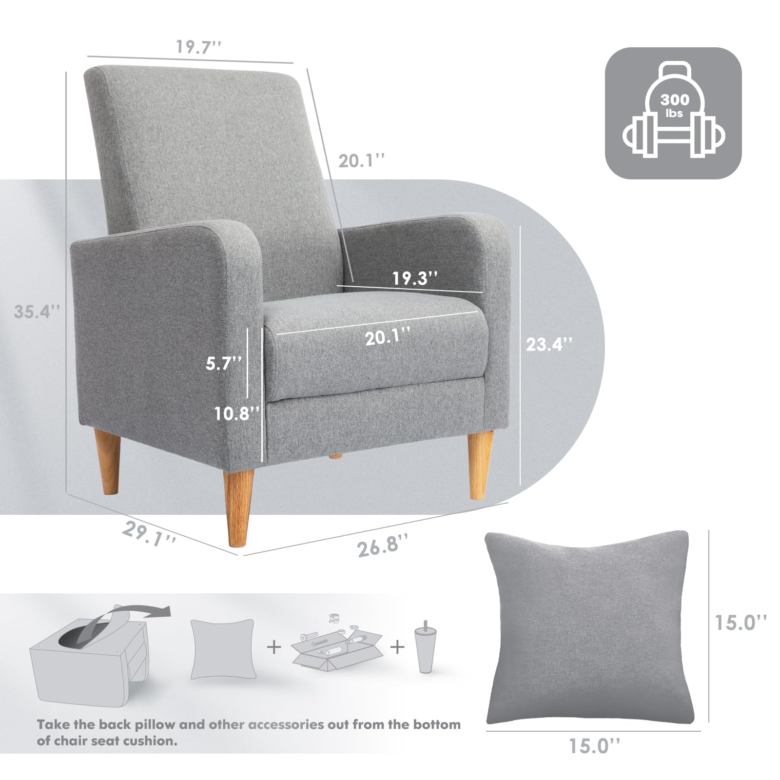 COLAMY Modern Upholstered Accent Chair Armchair with Pillow, Fabric Reading Living Room Side Chair,Single Sofa with Wood Legs, Light Grey
