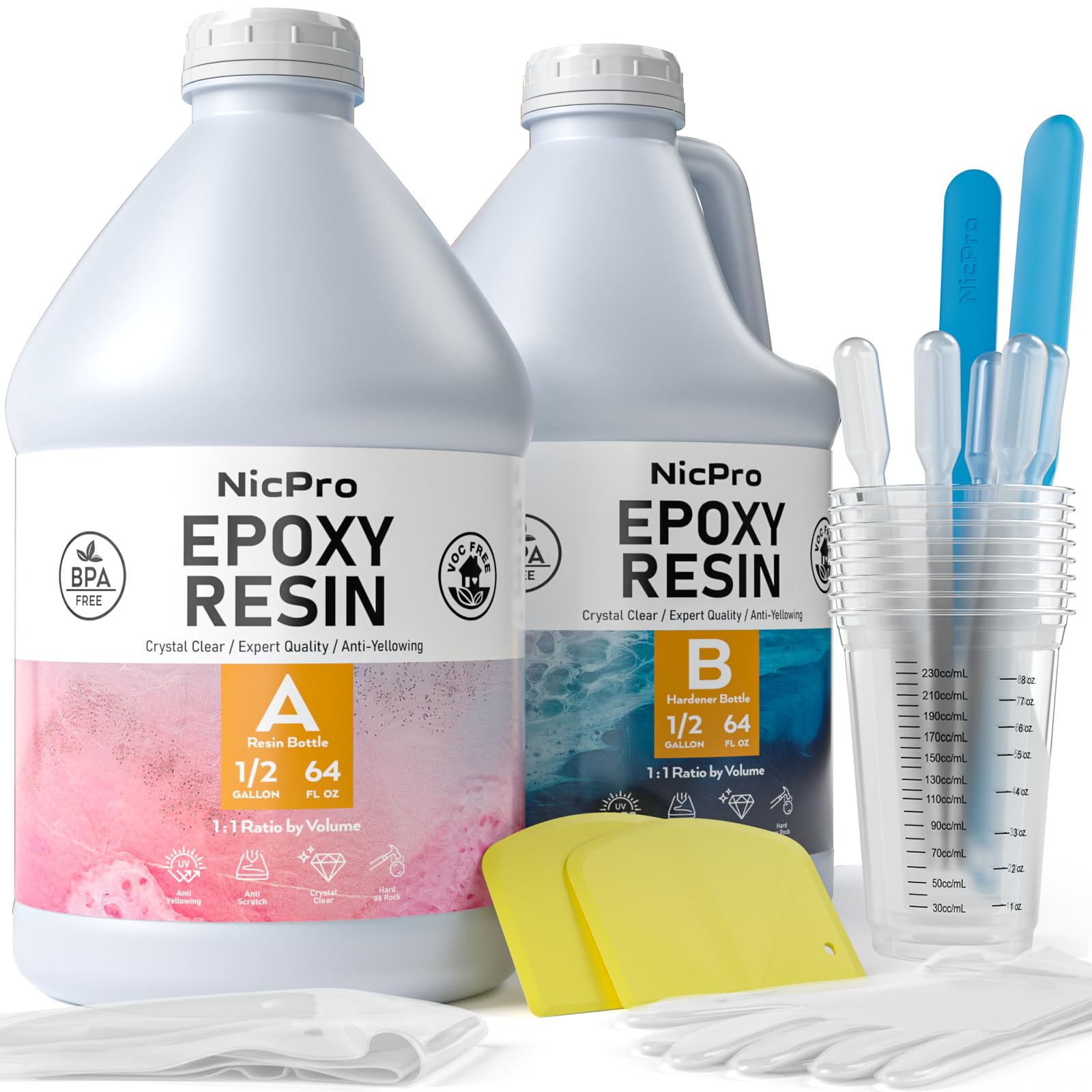 Nicpro 1 Gallon Crystal Clear Epoxy Resin Kit, High Gloss & Bubbles Free Art Resin Supplies for Coating and Casting, Craft DIY, Wood, Table Top, Bar Top, Molds, River Tables with Cups, Sticks, Gloves