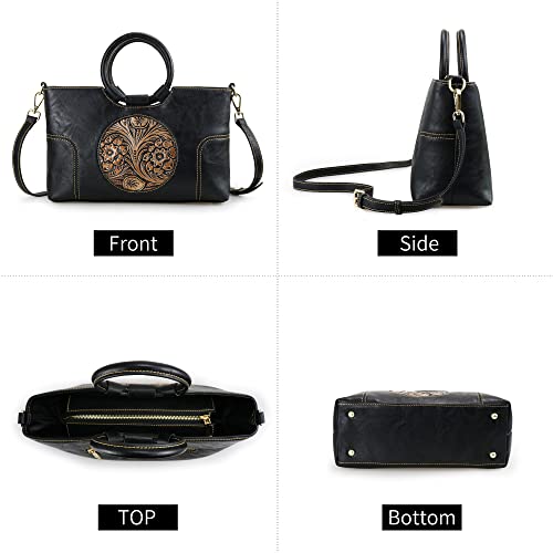 Purse And Handbags for Women Shoulder Bags Top Handle Medium Satchel Vintage Embossing Crossbody Bag (black)