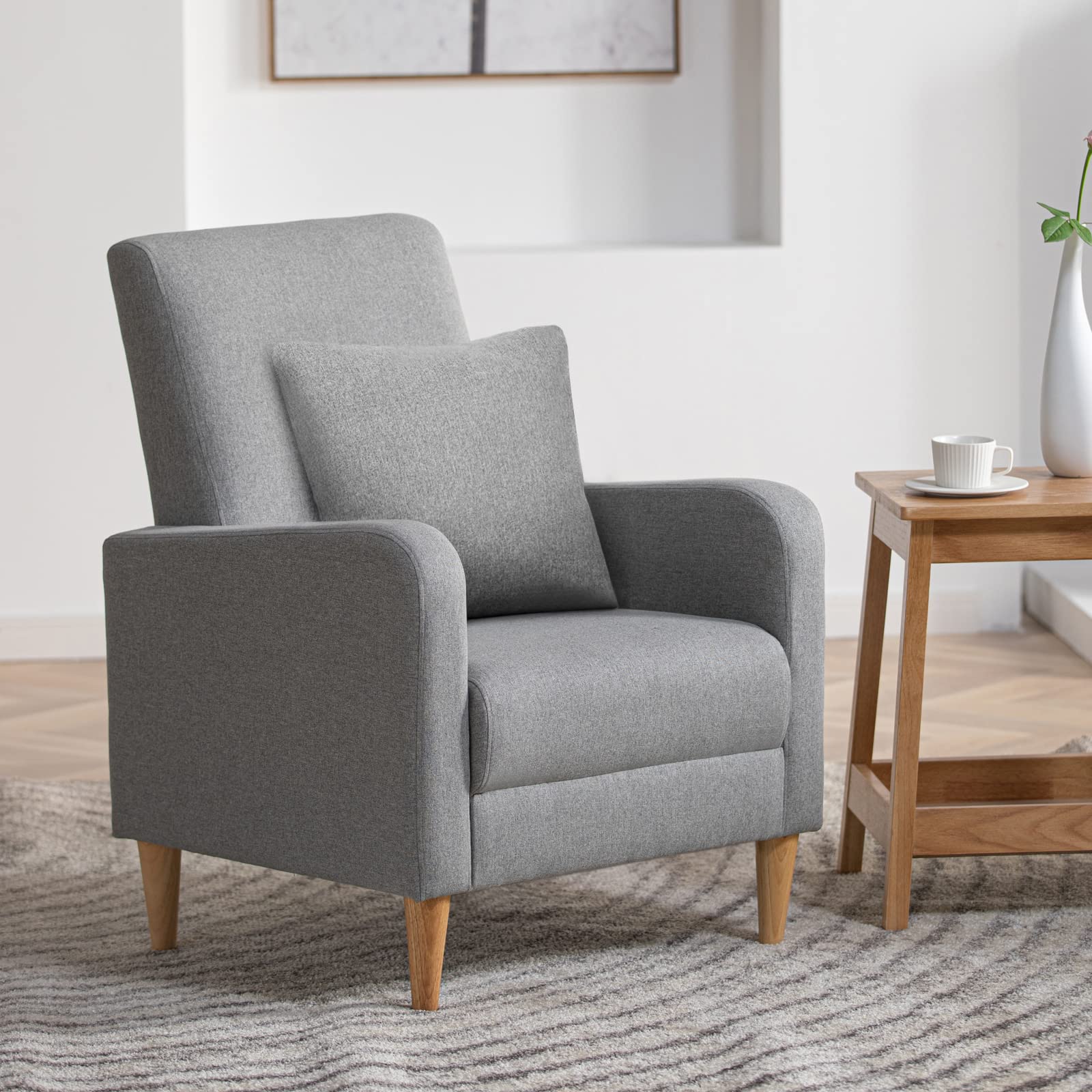 COLAMY Modern Upholstered Accent Chair Armchair with Pillow, Fabric Reading Living Room Side Chair,Single Sofa with Wood Legs, Light Grey