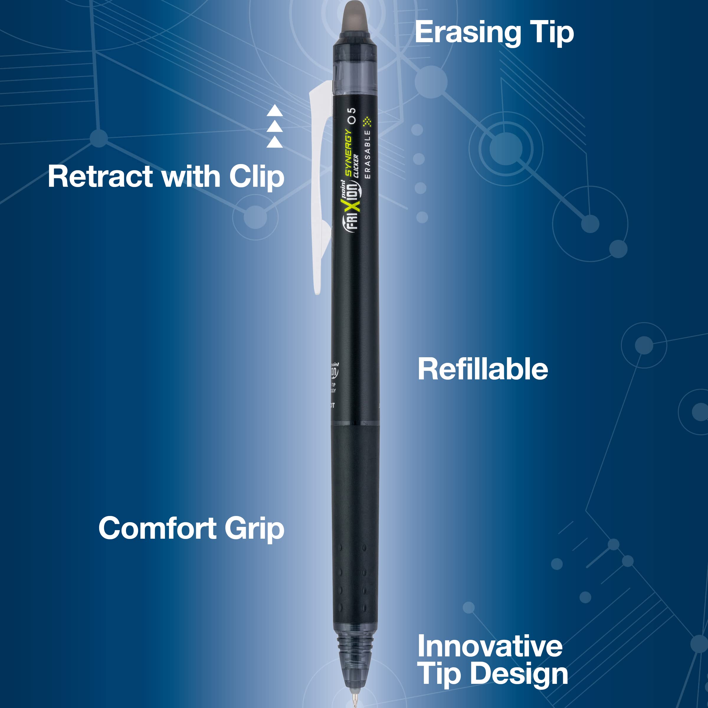PILOT FriXion Synergy Clicker Retractable & Erasable Gel Ink Pens, 0.5mm Extra Fine Point, Black Ink, 6-pack